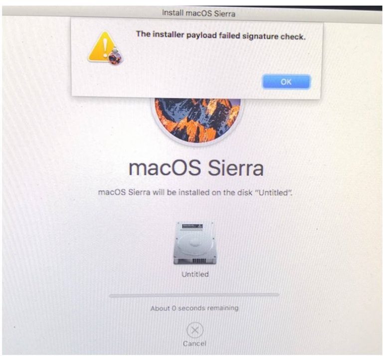 Mac OS Sierra Install ပြုလုပ်ရာတွင် ဖြစ်တတ်သည် “the Installer Payload ...